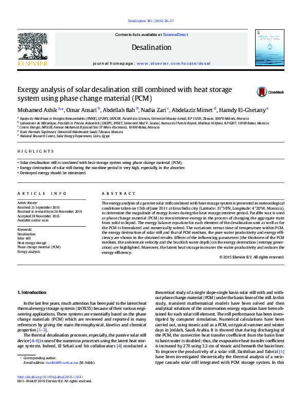 (PDF) Exergy analysis of solar desalination still combined with heat ...