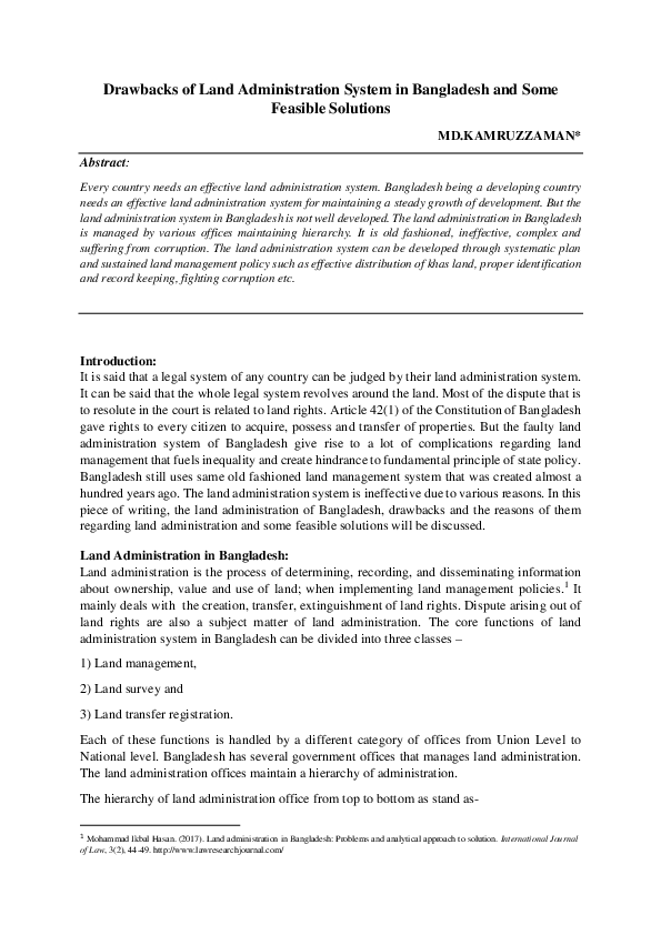 (PDF) Drawbacks of Land Administration System in Bangladesh and Some Feasible Solutions
