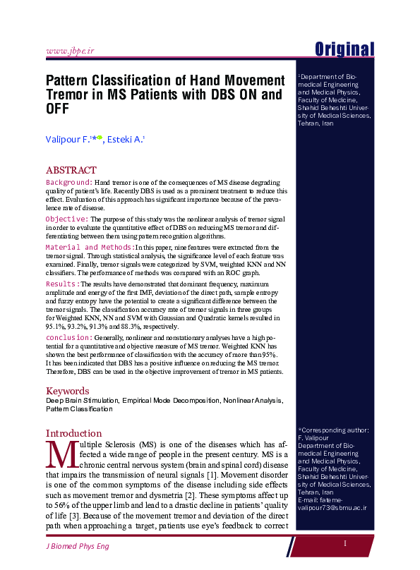 (PDF) Pattern Classification of Hand Movement Tremor in MS Patients with DBS ON and OFF