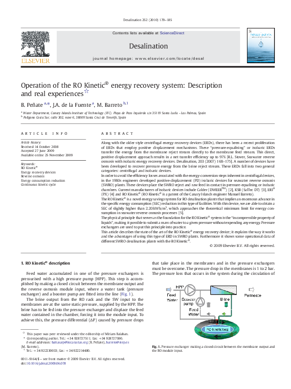 (PDF) Operation of the RO Kinetic® energy recovery system: Description ...