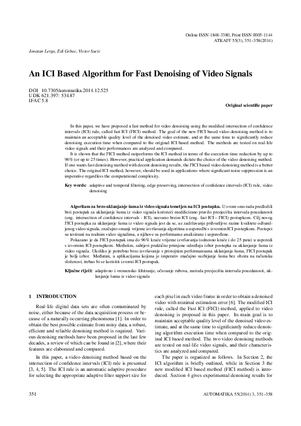 (PDF) An ICI Based Algorithm for Fast Denoising of Video Signals