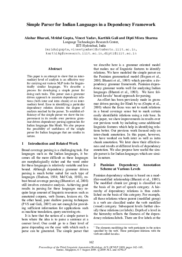 (PDF) Efficient Dependency Parsing for Indian Languages