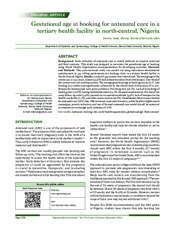 (PDF) Gestational age at booking for antenatal care in a tertiary ...