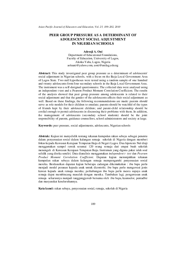 (PDF) PEER GROUP PRESSURE AS A DETERMINANT OF ADOLESCENT SOCIAL ...