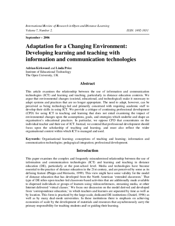 (PDF) Adaptation for a Changing Environment: Developing learning and ...