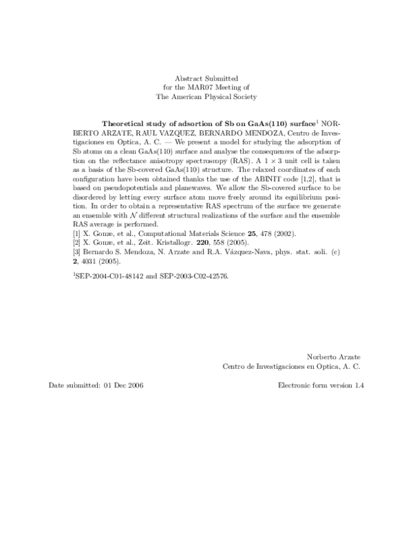(PDF) Theoretical study of adsortion of Sb on GaAs(110) surface
