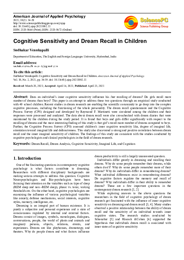 (PDF) Cognitive Sensitivity and Dream Recall in Children