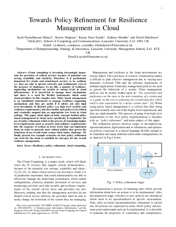 (PDF) Towards policy refinement for resilience management in cloud