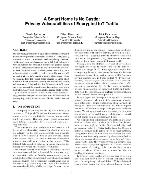 Pdf A Smart Home Is No Castle Privacy Vulnerabilities Of Encrypted Iot Traffic Noah