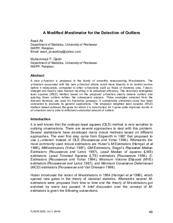 (PDF) A Modified M-estimator for the Detection of Outliers | Asad ali - Academia.edu