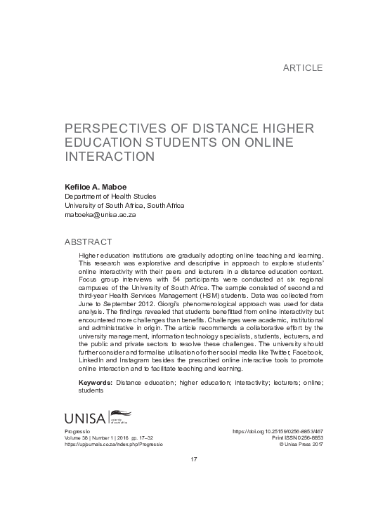 (PDF) Perspectives of Distance Higher Education Students on Online ...