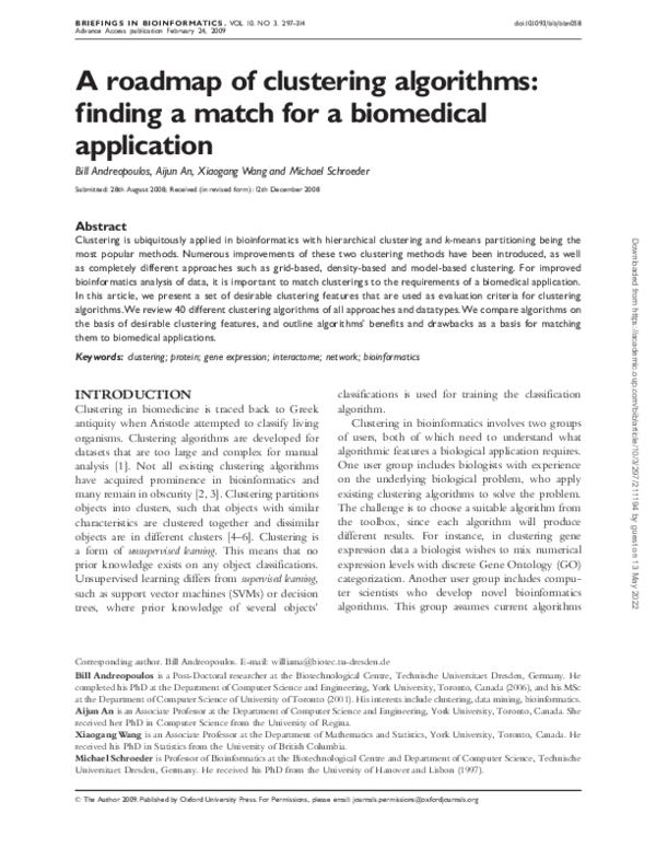 (PDF) A roadmap of clustering algorithms: finding a match for a biomedical application