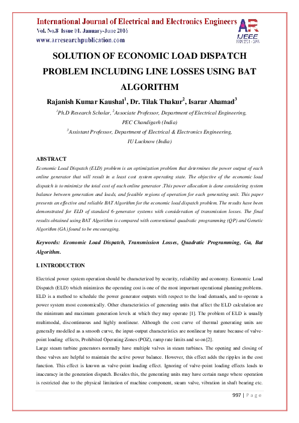 Pdf Solution Of Economic Load Dispatch Problem Including Line Losses Using Bat Algorithm