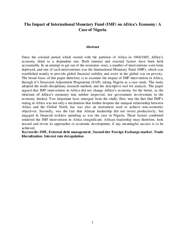 Pdf The Impact Of International Monetary Fund Imf On Africa S