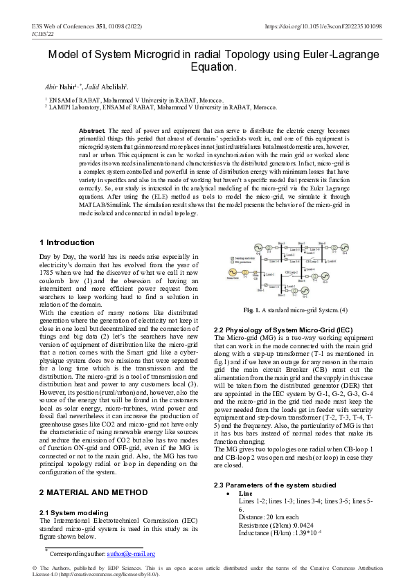 Pdf Model Of System Microgrid In Radial Topology Using Euler Lagrange