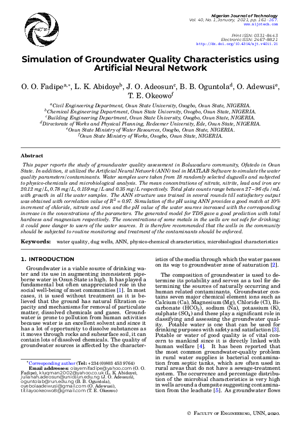 (PDF) Simulation of Groundwater Quality Characteristics using Artificial Neural Network