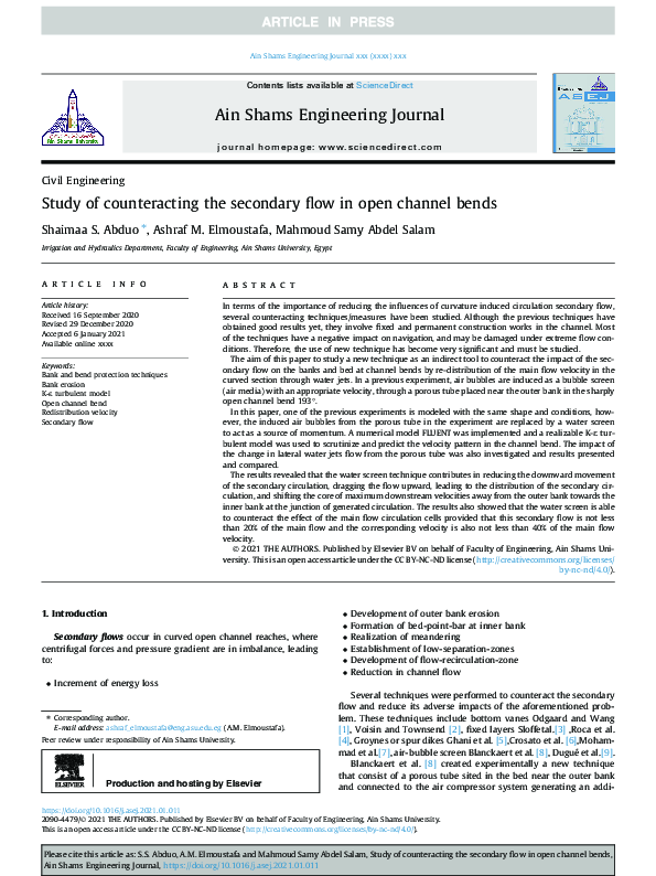 (PDF) Study of counteracting the secondary flow in open channel bends