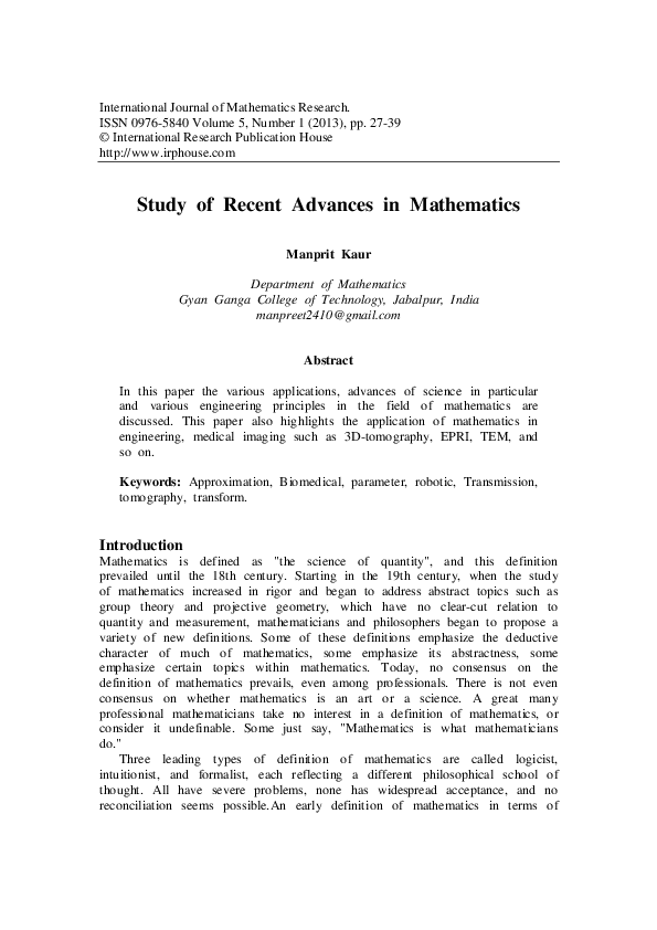 (PDF) Study of Recent Advances in Mathematics