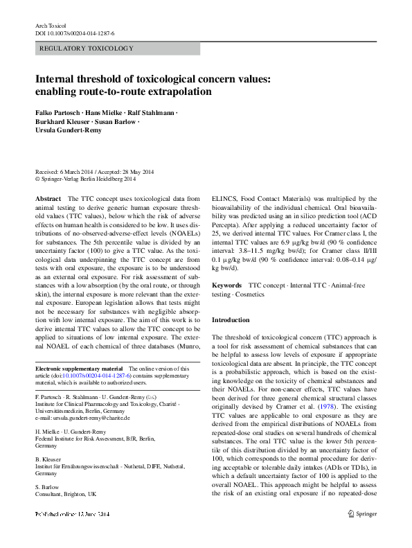 (PDF) Internal threshold of toxicological concern values: enabling ...