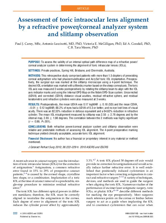 (PDF) Assessment of toric intraocular lens alignment by a refractive ...