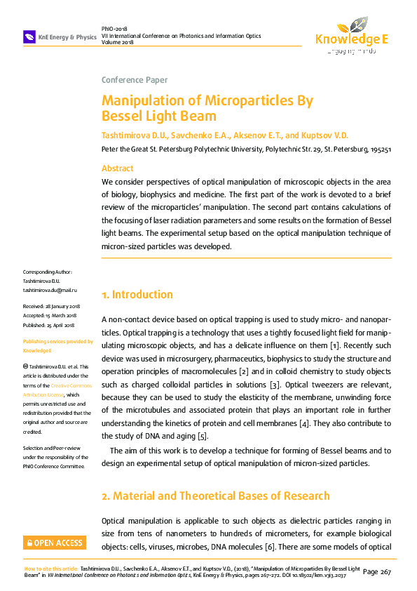 (PDF) Manipulation of Microparticles By Bessel Light Beam