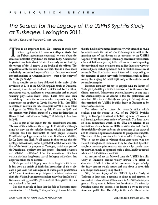 (PDF) The Search for the Legacy of the Usphs Syphilis Study at Tuskegee ...