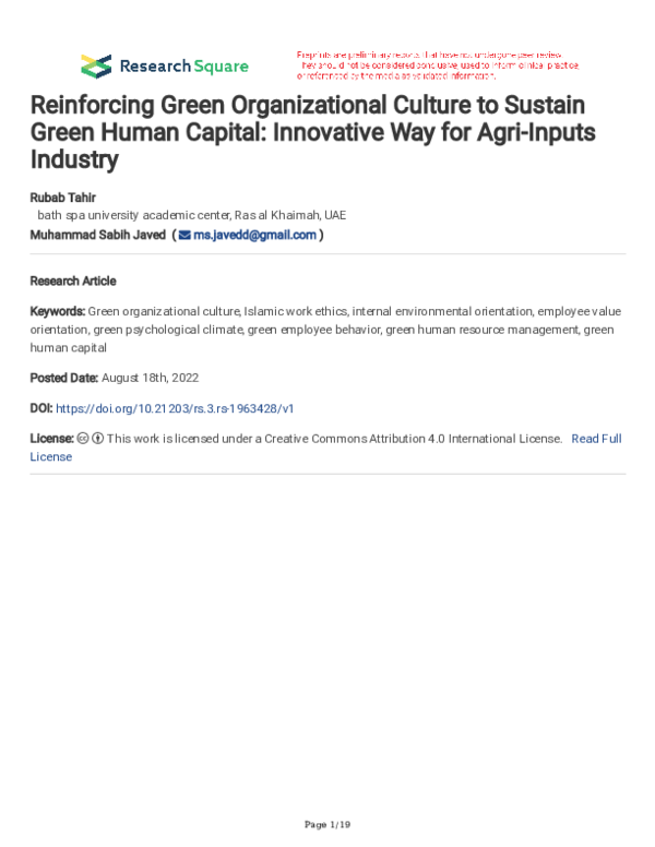(PDF) Reinforcing Green Organizational Culture to Sustain Green Human ...