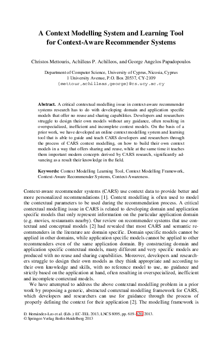 (PDF) A Context Modelling System and Learning Tool for Context-Aware Recommender Systems