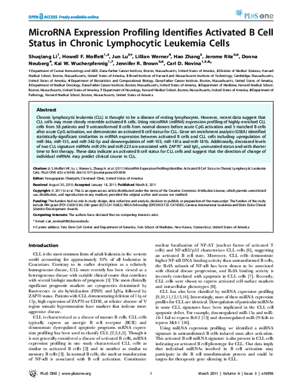 (PDF) MicroRNA Expression Profiling Identifies Activated B Cell Status in Chronic Lymphocytic ...