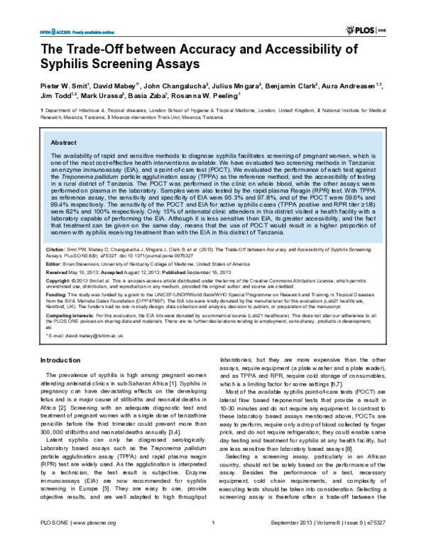 (PDF) The Trade-Off between Accuracy and Accessibility of Syphilis Screening Assays