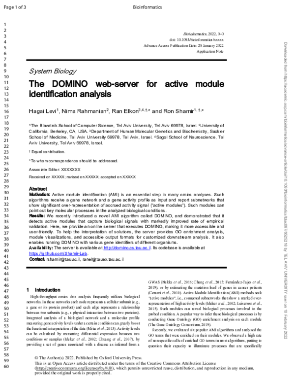 (PDF) The DOMINO web-server for active module identification analysis | Nima Rahmanian ...