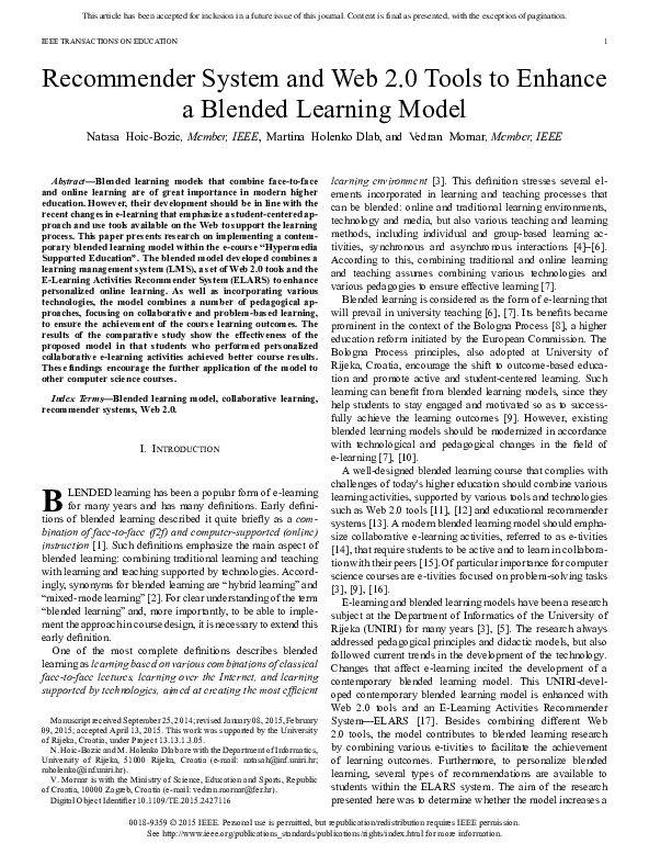 (PDF) Recommender System and Web 2.0 Tools to Enhance a Blended Learning Model