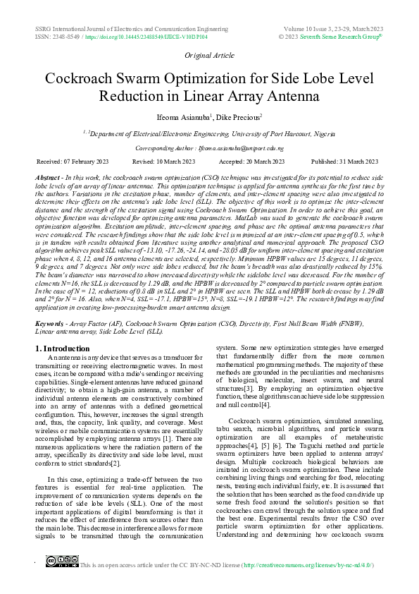 (PDF) Cockroach Swarm Optimization for Side Lobe Level Reduction in Linear Array Antenna