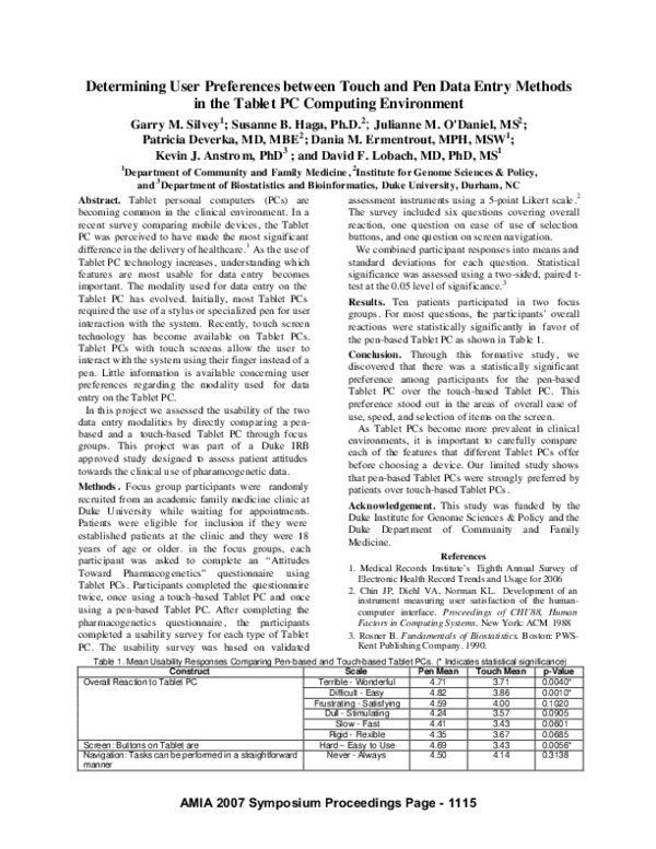 (PDF) Determining user preferences between touch and pen data entry methods in the Tablet PC ...