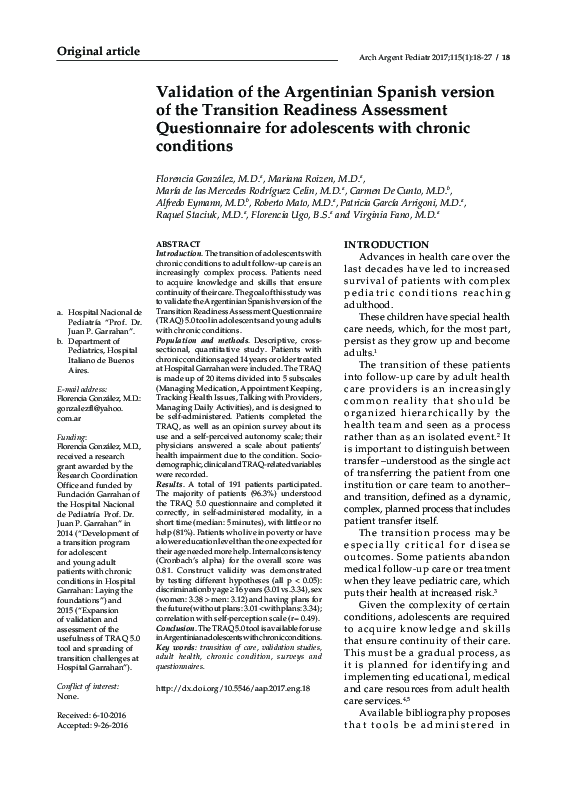 (PDF) Validation of the Argentine Spanish version of Transition ...