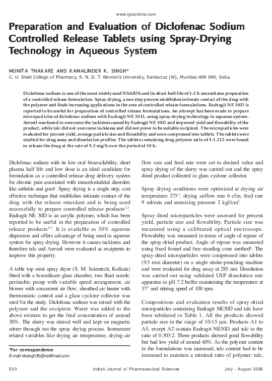 Pdf Preparation And Evaluation Of Diclofenac Sodium Controlled Release Tablets Using Spray