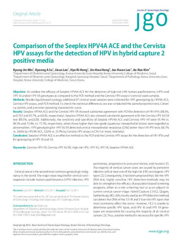 (PDF) Comparison of the Seeplex HPV4A ACE and the Cervista HPV assays ...