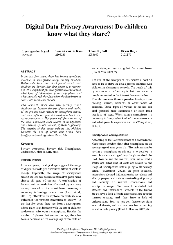 (PDF) Digital Data Privacy Awareness: Do children know what they share?
