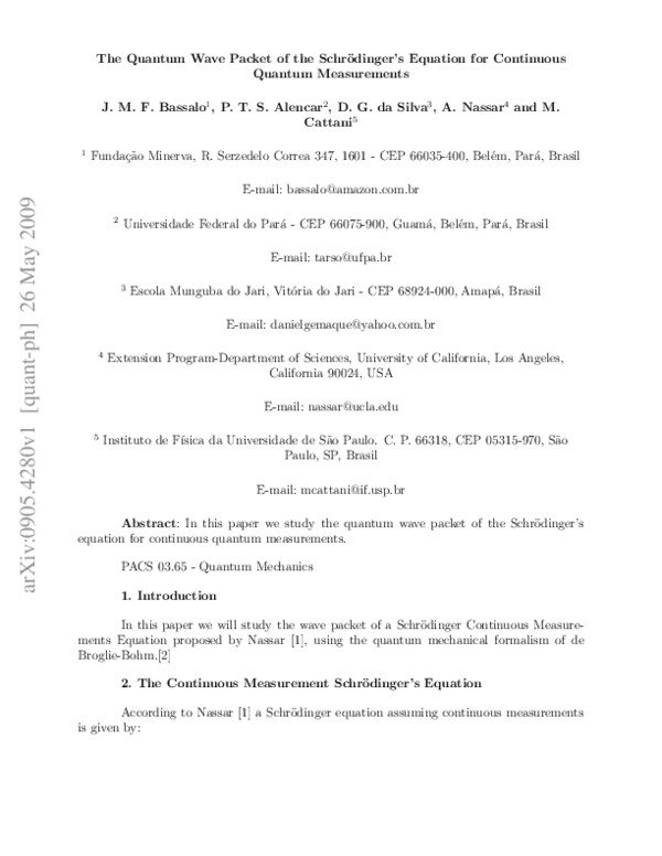 (PDF) The Quantum Wave Packet of the Schrodinger Equation for Continuous Quantum Measurements