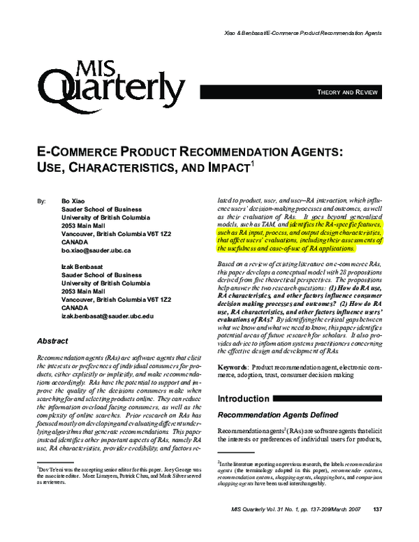 (PDF) E-Commerce Product Recommendation Agents: Use, Characteristics ...