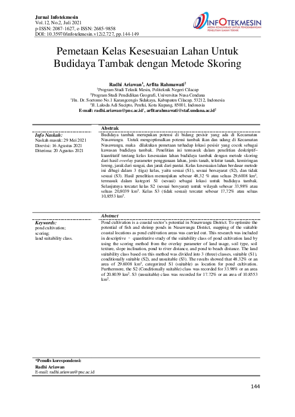 (PDF) Pemetaan Kelas Kesesuaian Lahan Untuk Budidaya Tambak Dengan ...