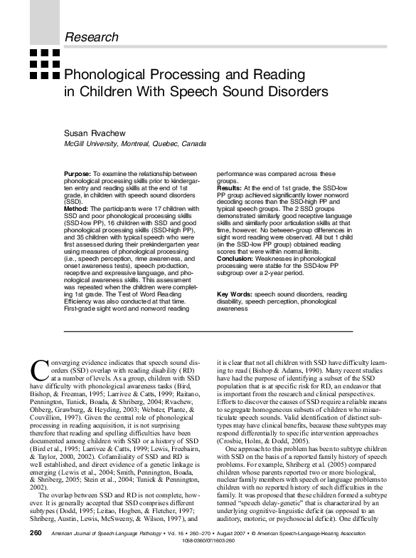 (PDF) Phonological Processing and Reading in Children With Speech Sound ...