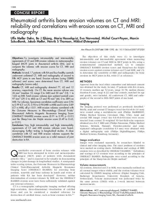 (PDF) Rheumatoid arthritis bone erosion volumes on CT and MRI ...