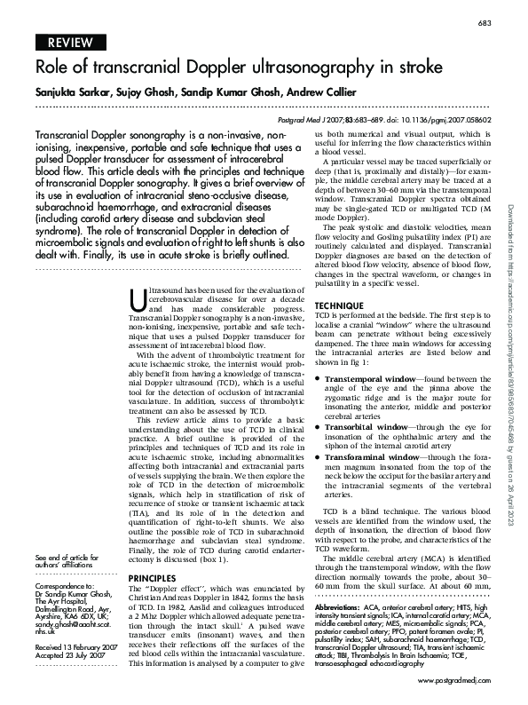 (PDF) Role of transcranial Doppler ultrasonography in stroke