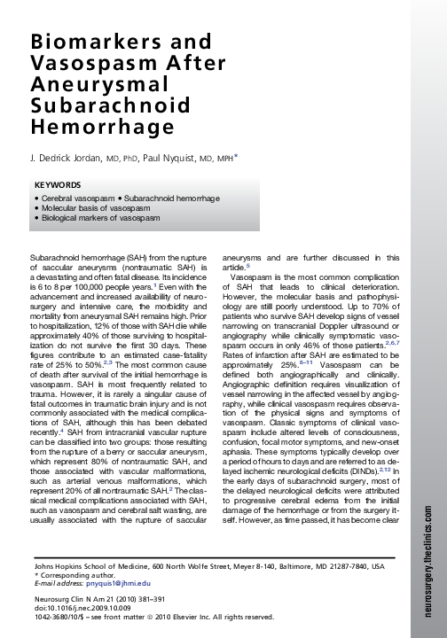 (PDF) Biomarkers and vasospasm after aneurysmal subarachnoid hemorrhage | Paul Nyquist ...