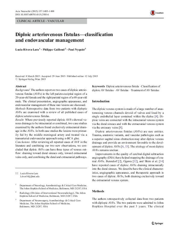 (PDF) Diploic arteriovenous fistulas—classification and endovascular ...