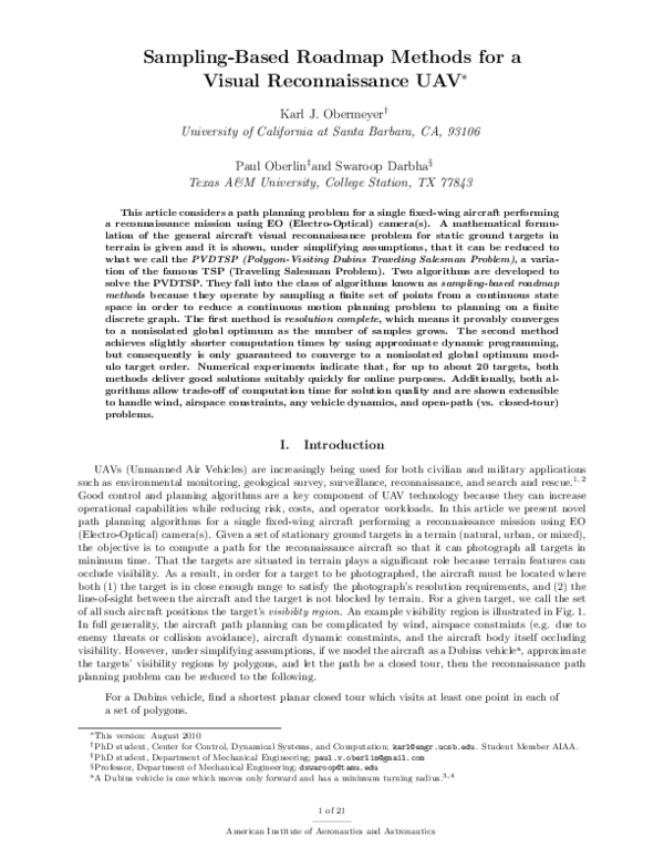 (PDF) Sampling-Based Roadmap Methods for a Visual Reconnaissance UAV*
