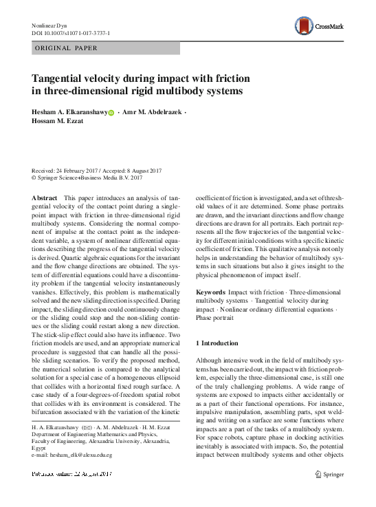 (PDF) Tangential velocity during impact with friction in three ...