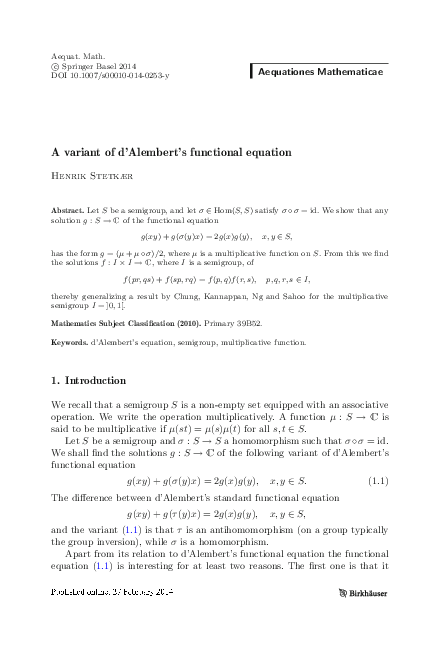 (PDF) A variant of d’Alembert’s functional equation