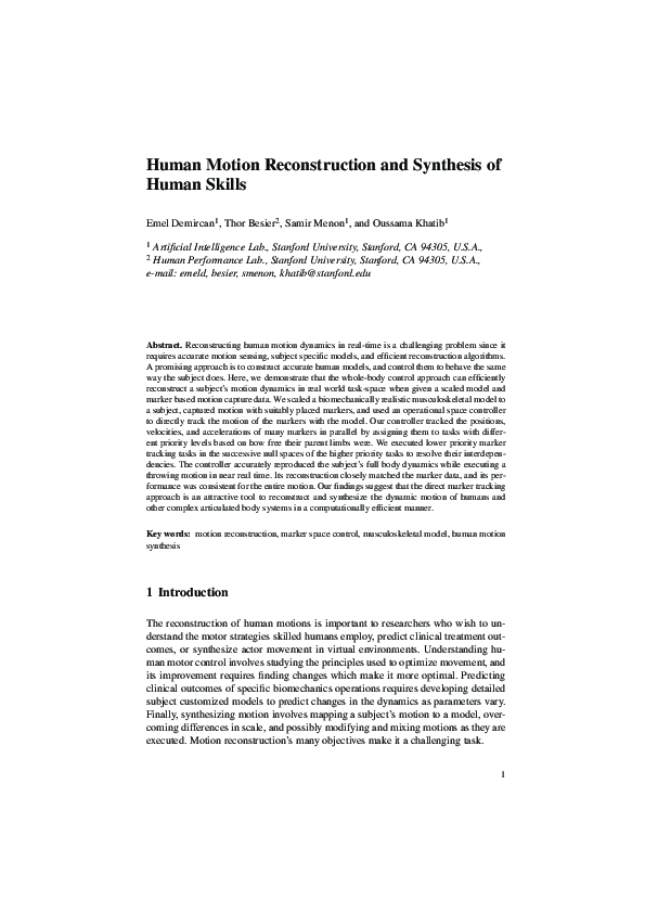 Pdf Human Motion Reconstruction And Synthesis Of Human Skills